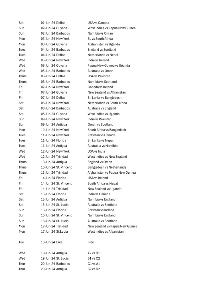 June 2024 Cricket Match Schedule | PDF | Cricket | Sports