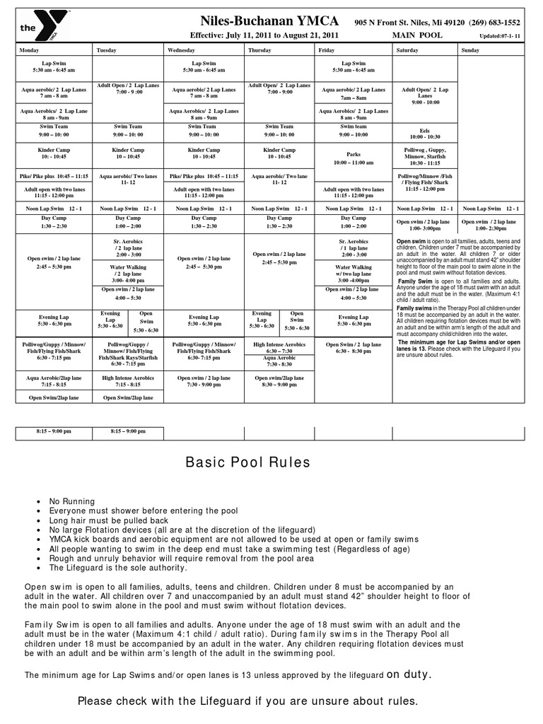 Niles YMCA Pool Schedule 2011 | PDF | Fish | Sports