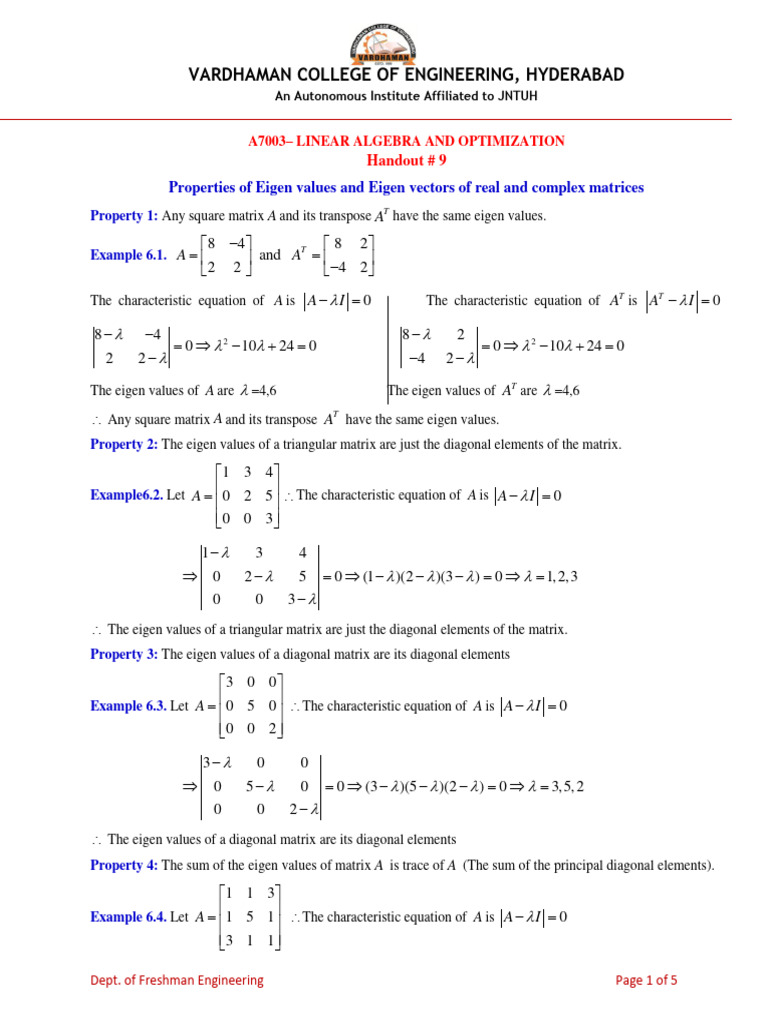 A7003 (LAO) Handout - 9 | PDF | Eigenvalues And Eigenvectors | Matrix ...
