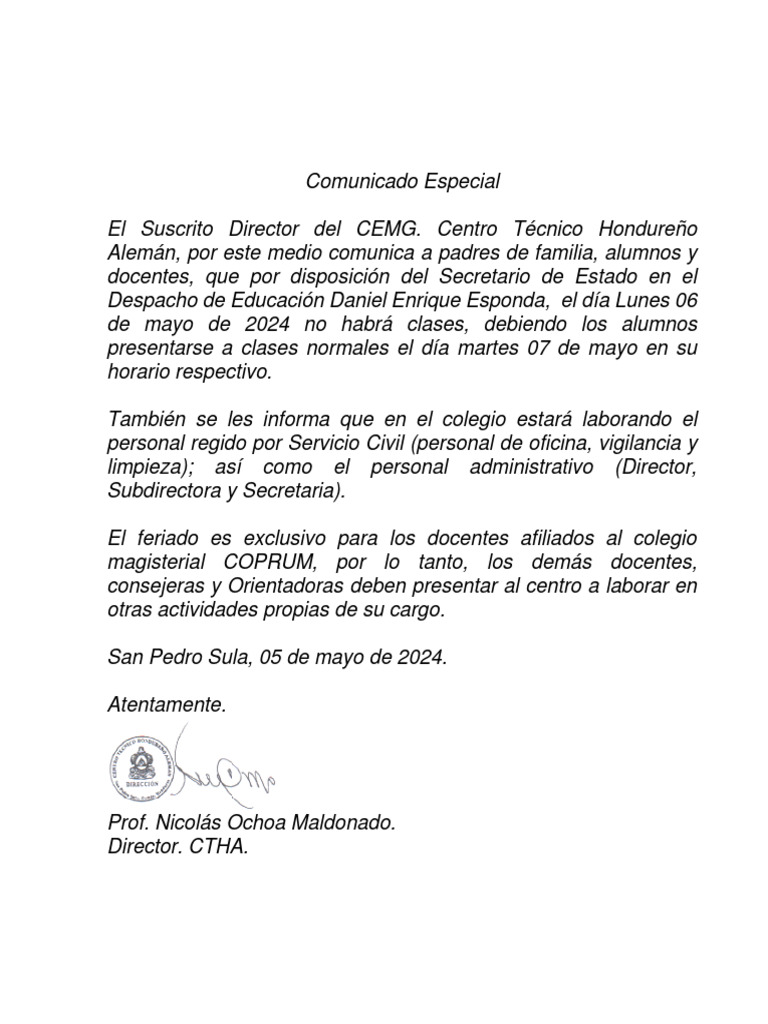 Comunicado Especial de Asueto Coprumh | PDF | Crecimiento personal y ...