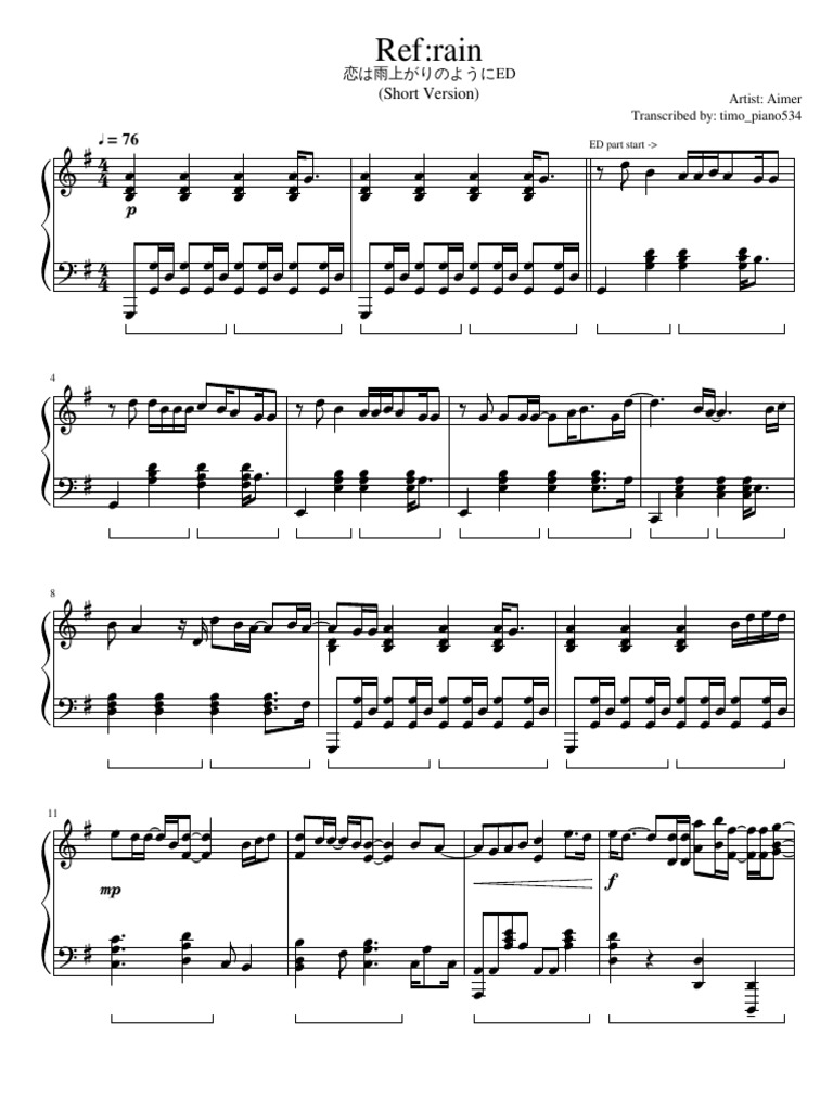 Aimer - Refrain Short Version Sheet Download in Description | PDF