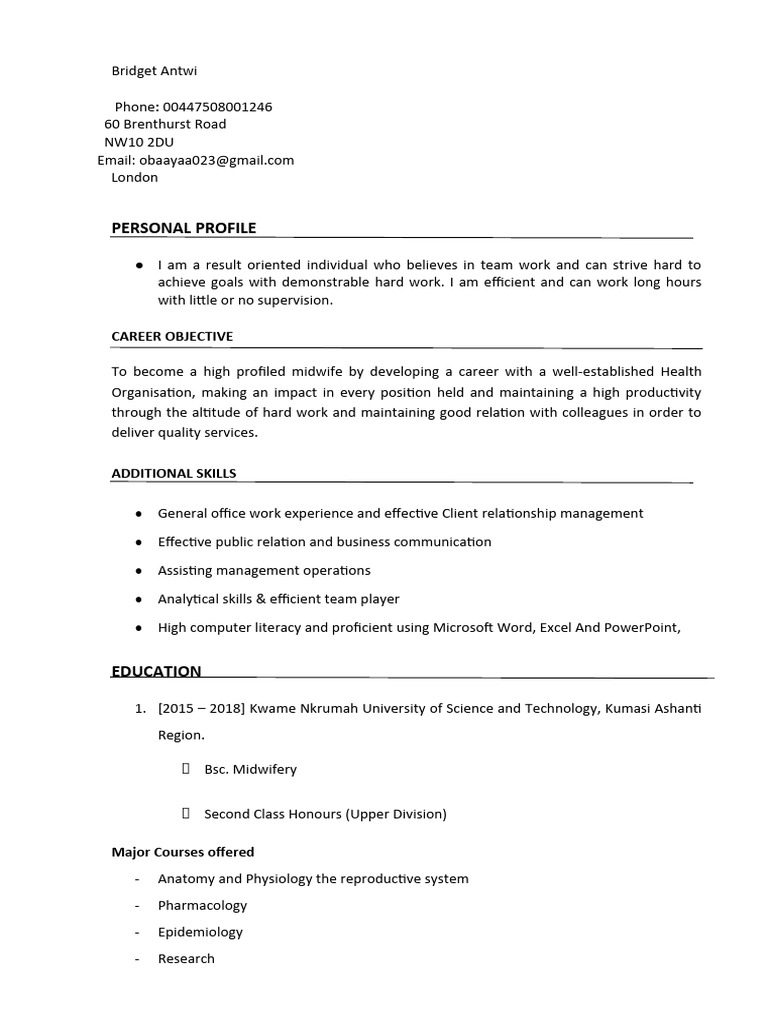 Bridget Cv | PDF | Childbirth | Midwifery