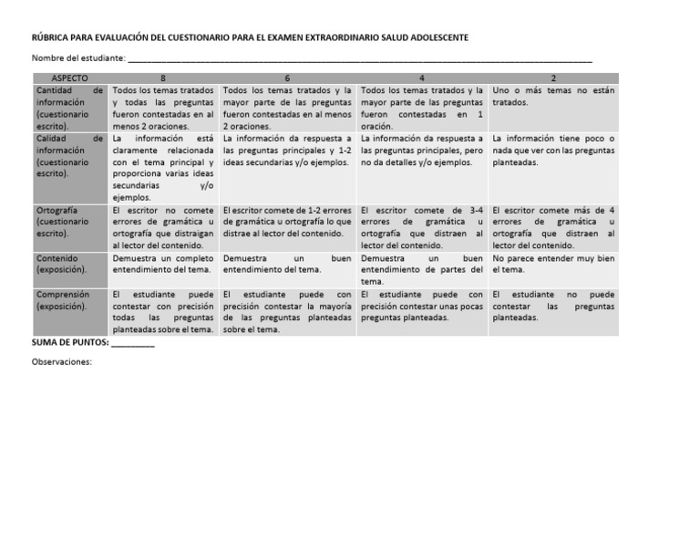Rúbrica Cuestionario Extra Sa 2023B | PDF | Cuestionario | Escritores