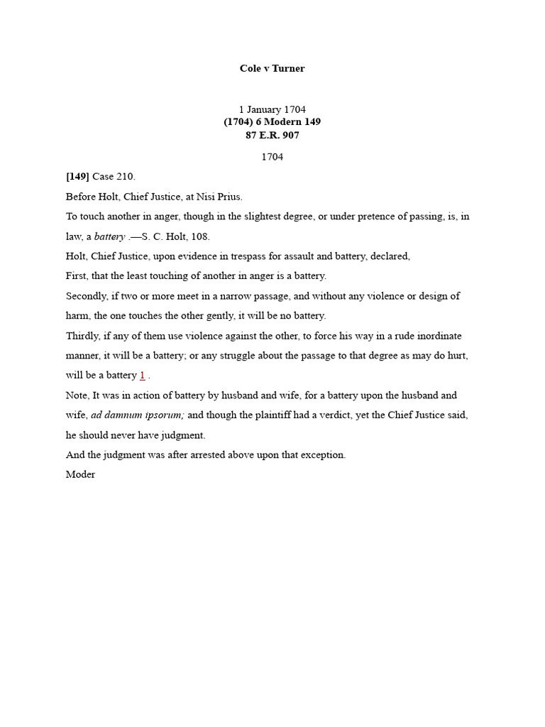 Cole v Turner: Battery Case Summary | PDF