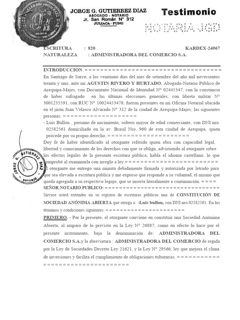Testimonio de Constitucion de Empresa | Descargar gratis PDF | Business