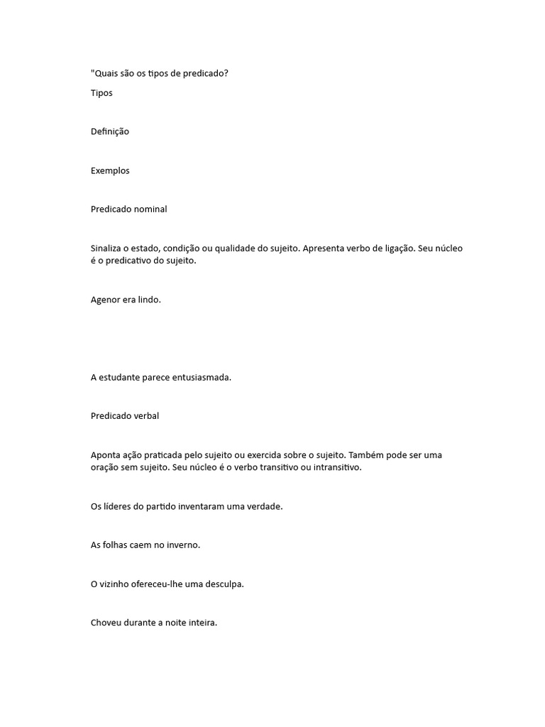 Tipos de Predicado e Exemplos | PDF | Predicado (gramática) | Assunto ...