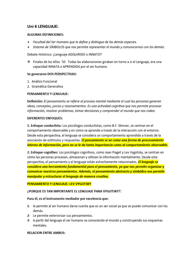 Uni 6 LENGUAJE RESUMEN | PDF | Aquisición de idioma | Pensamiento