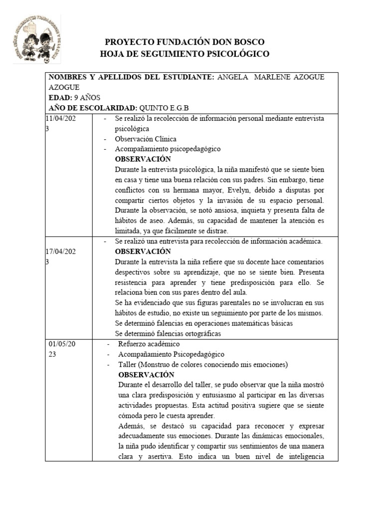 Seguimiento Angela Azogues | PDF | Las emociones | Aprendizaje