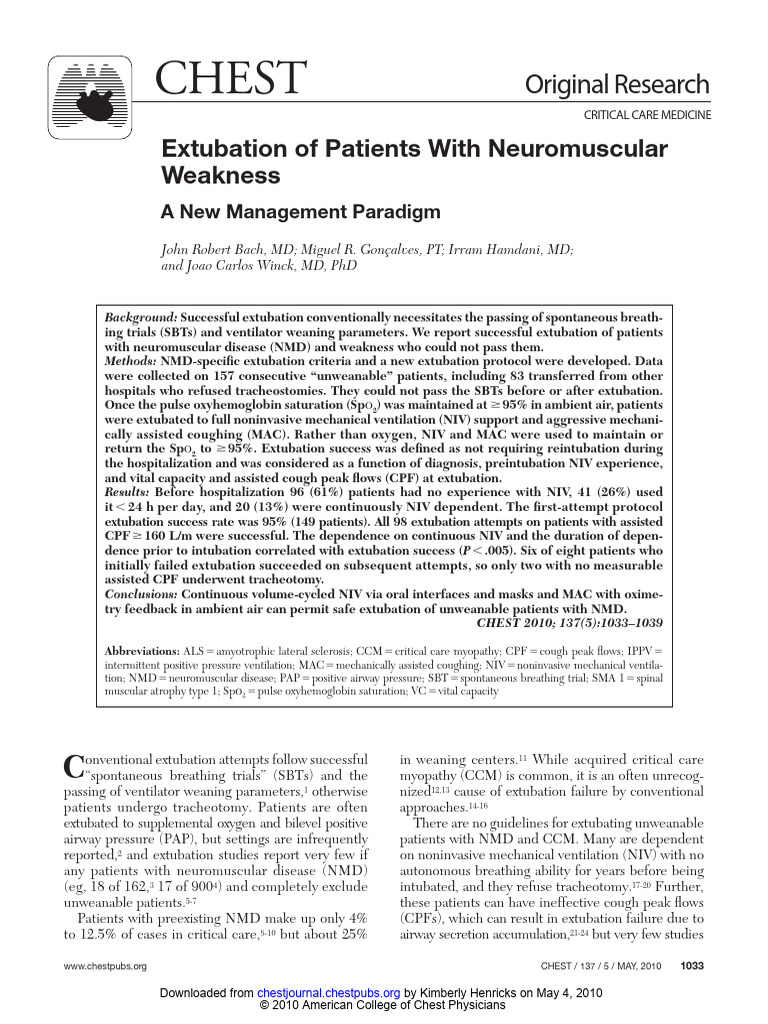 Extubation For Unweanable Ventilator Dependent Patients | PDF ...