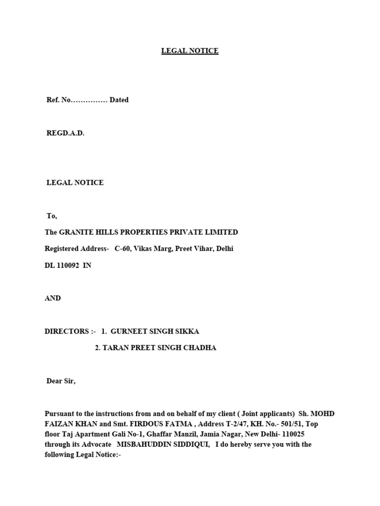 Legal Notice For Recovery of Amount Against Builder | PDF | Cheque | Banks
