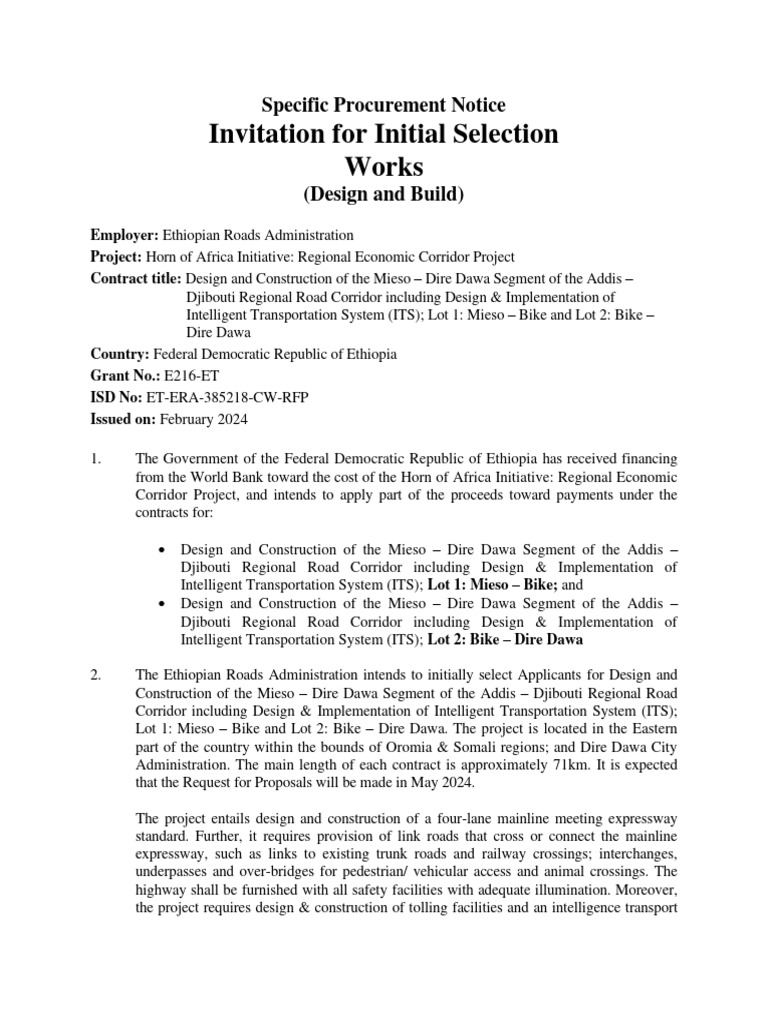 Specific Procurement Notice - HoA C1A | Download Free PDF | Ethiopia | Procurement