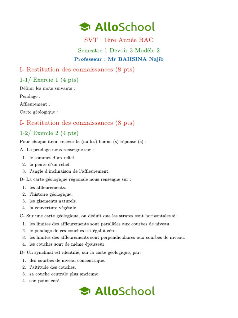 SVT 1bac Semestre 1 Devoir 3 Modele 2 2 | PDF