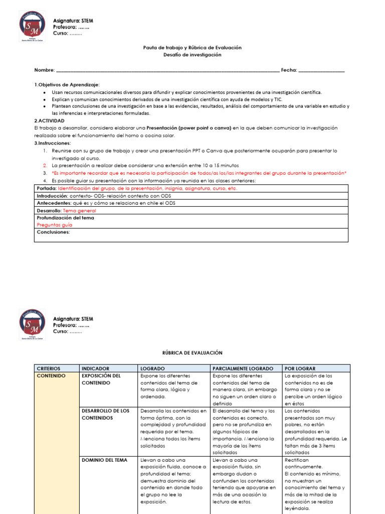 Pauta de trabajo y Rubrica de Evaluación Presentación de Investigación STEM | PDF | Evaluación ...