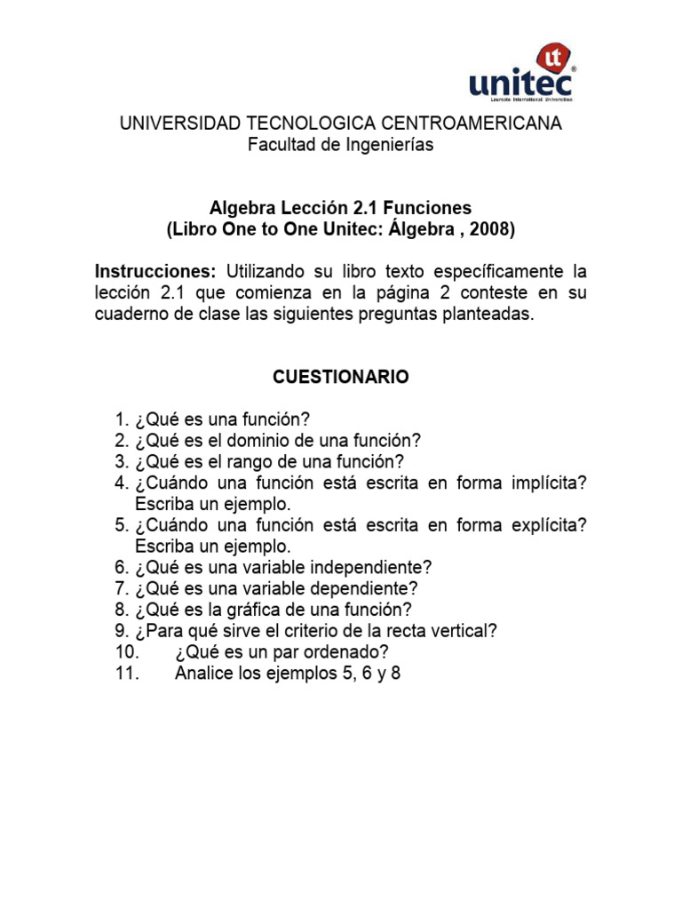 Cuestionario Leccion 2.1 Algebra | PDF