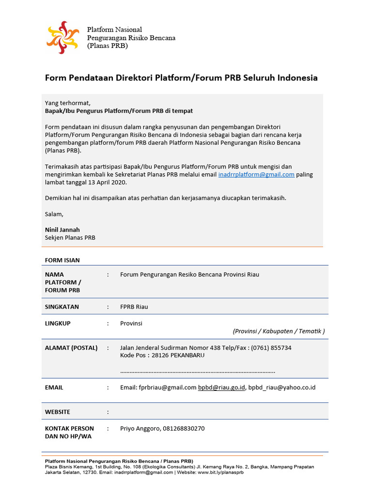 Planas PRB - Form Direktori Platform-Forum PRB Riau | PDF | Ilmu Sosial