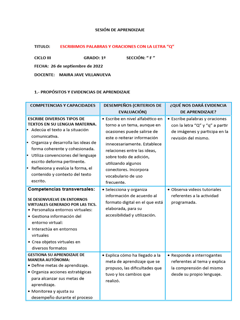 Sesión de Aprendizaje Escribimos Oraciones Con Que y Qui | PDF | Aprendizaje | Evaluación