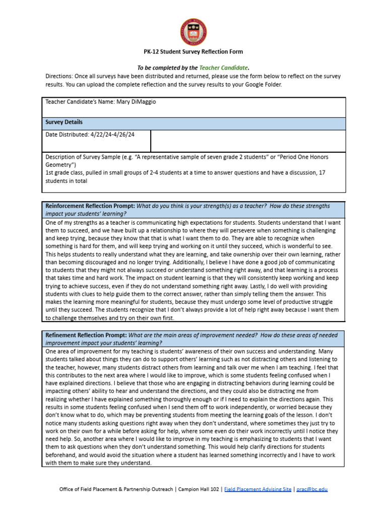 Teacher Reflection on Student Surveys | PDF | Learning | Teachers