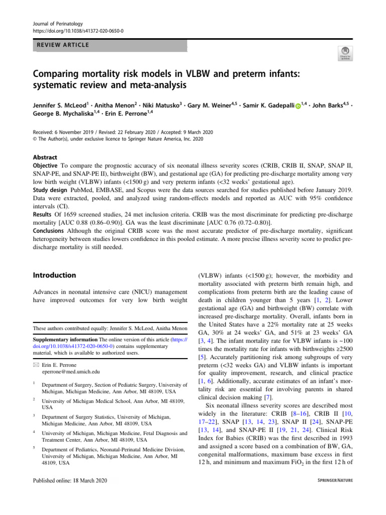 Comparing Mortality Risk Models in VLBW and Preterm Infants ...