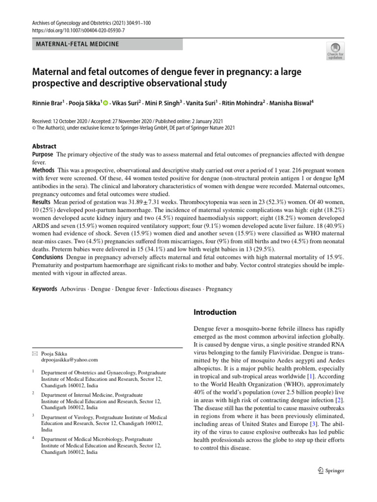 Maternal and Fetal Outcomes of Dengue Fever in Pregnancy - A Large ...