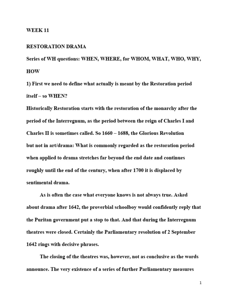 Restoration Drama Lecture | PDF | Restoration Comedy | Actor