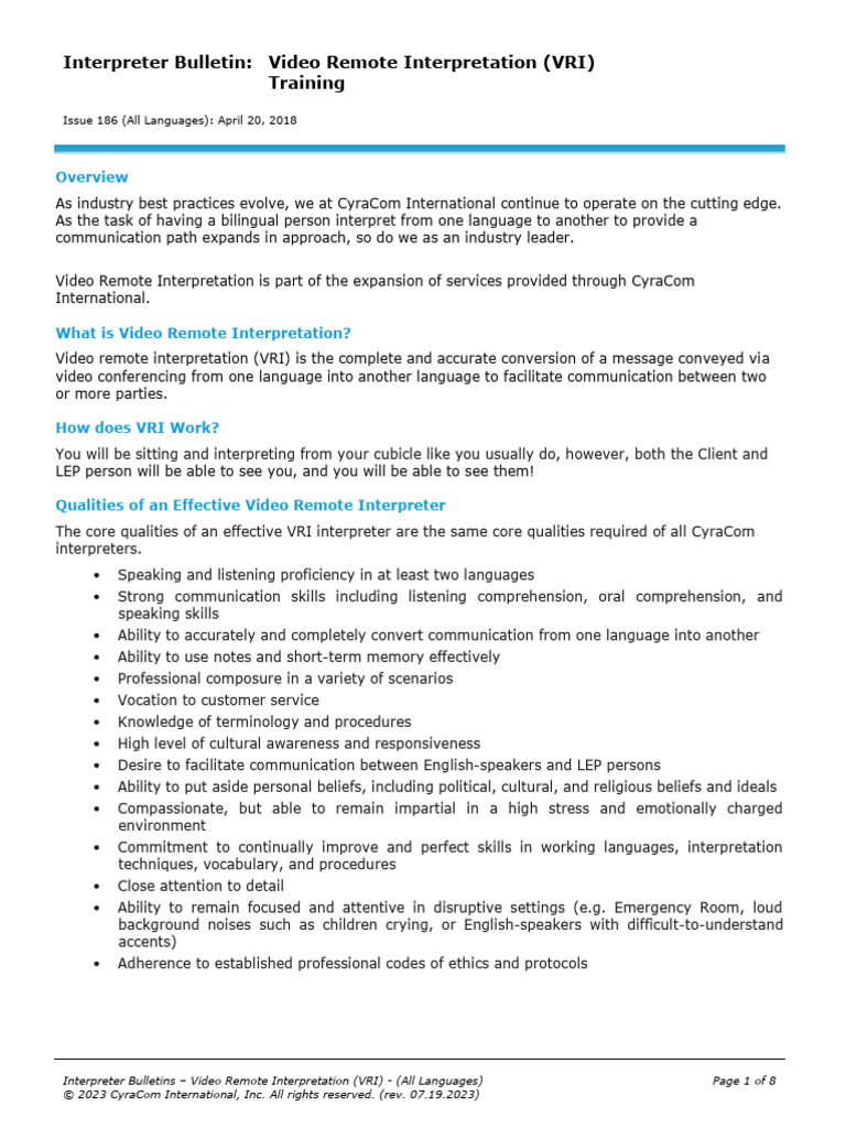 Bol. 186 - Video Remote Interpretation (VRI) Training | PDF | Language ...