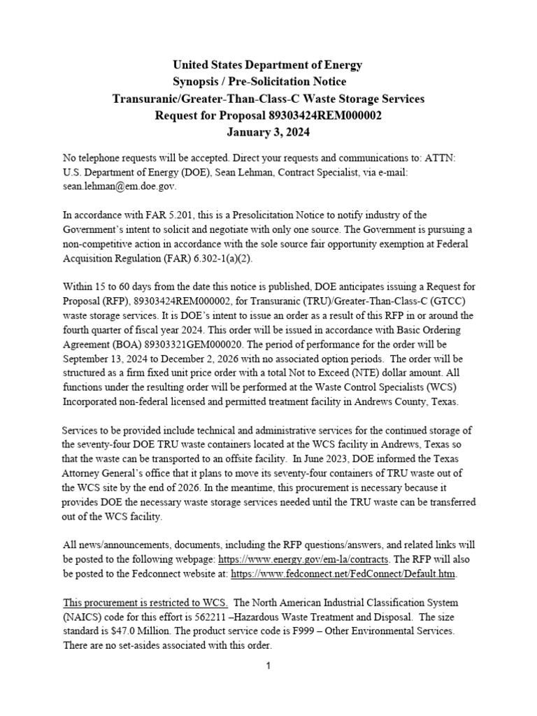 TRU - GTCC Storage Synopsis Final 1.3.2024 | PDF | United States ...