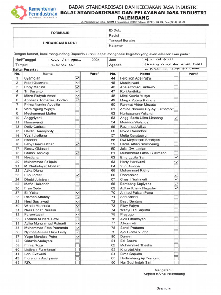 Undangan Sharing Knowledge Audit SMK3 Di Perusahaan Karet Dan Semen 22 April 2024 | PDF