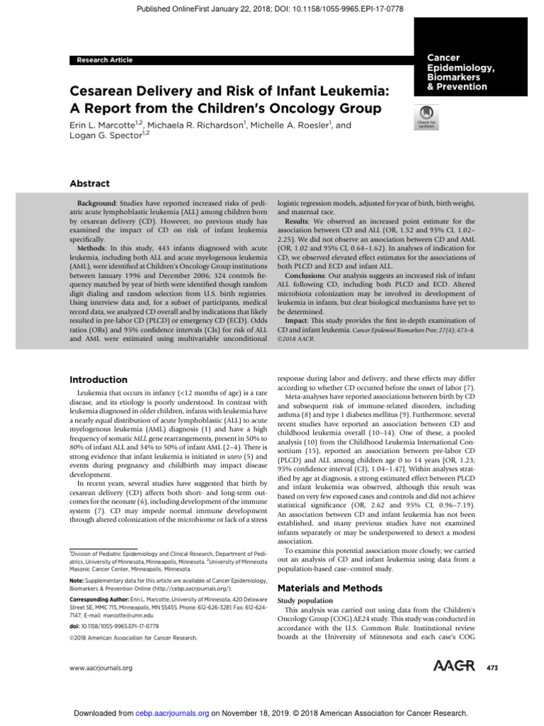 Cesarean Delivery and Risk of Infant Leukemia: A Report From The ...