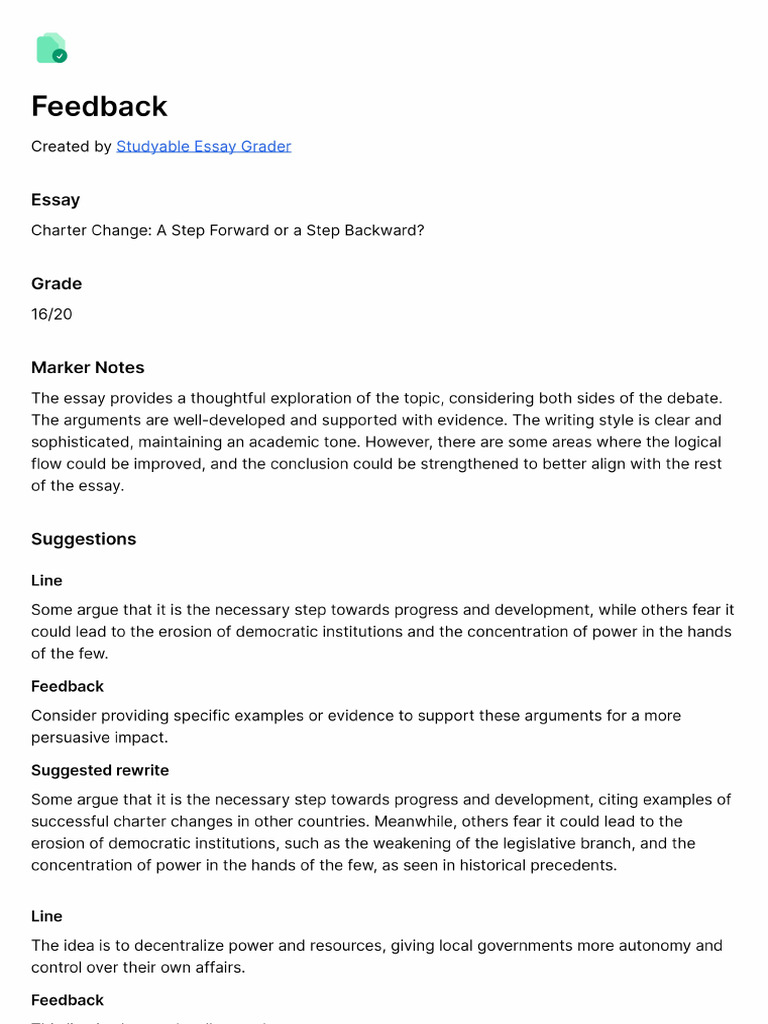 Essay Feedback - Charter Change - A Step Forward or A Step Backward | PDF