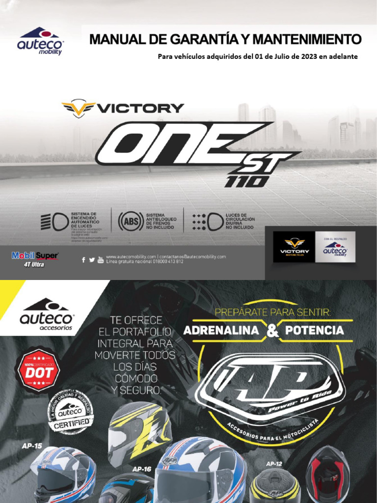 Manual de Garantia y Mantenimiento Victory ONE ST 110 RO 12-20 | PDF | Aceite de motor | Motores