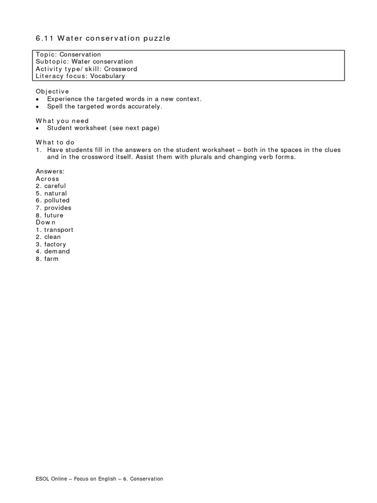 Water Conservation Crossword Activity | PDF | Language Arts & Discipline