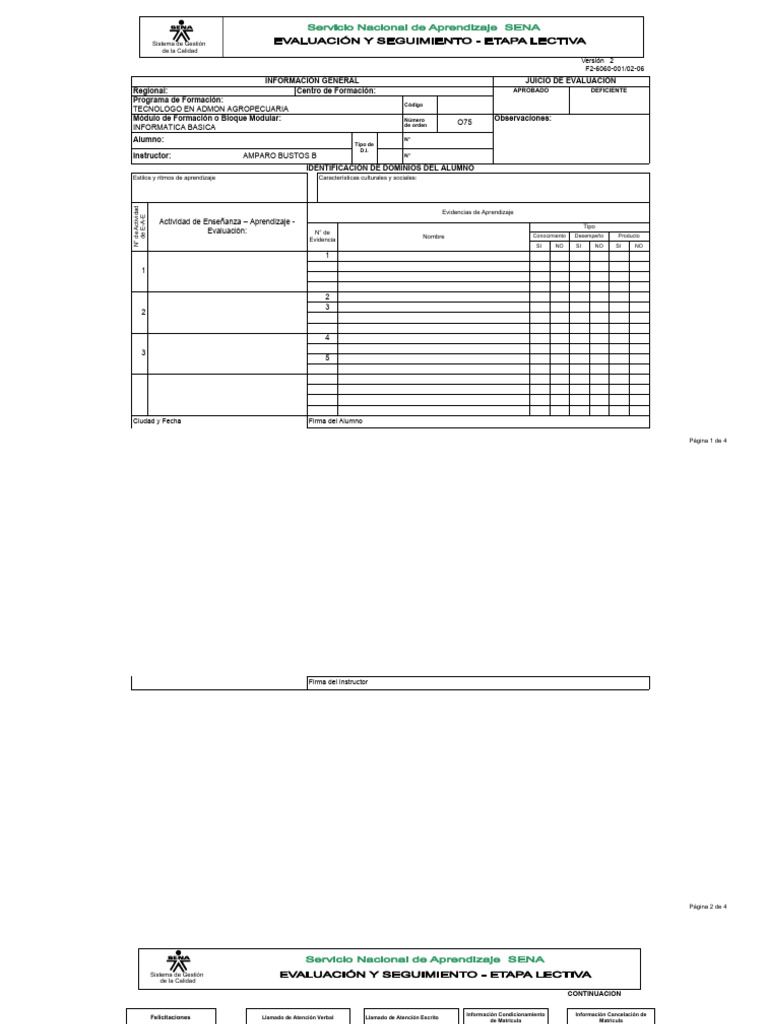 Formato 001 Evaluacion y Seguimiento Lectiva | PDF | Evaluación | Aprendizaje