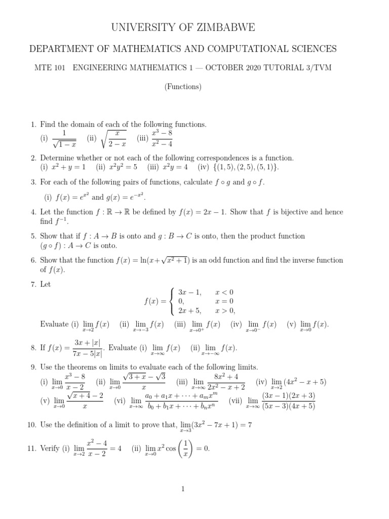 Mte 101 Tutorial 3 Oct 2020 | PDF | Function (Mathematics ...