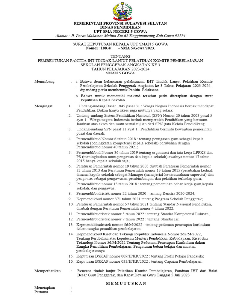 9. SK. PEMBENTUKAN PANITIA IHT TINDAK LANJUT PKP SEKOLAH PENGGERAK ANGKATAN 3 2023-2024 Versi 3 ...