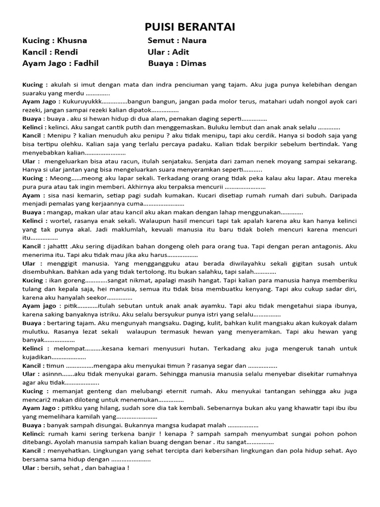 Puisi Berantai tentang Hewan untuk Anak | PDF