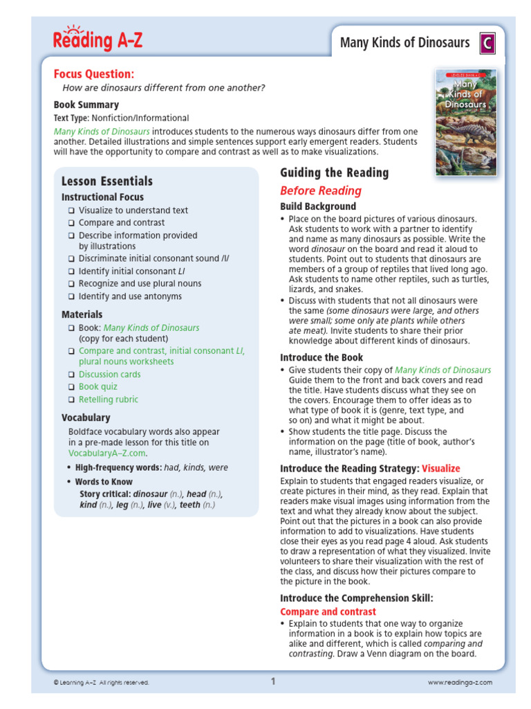 Raz lc51 Manykindsofdinosaurs LBLP | PDF | Reading Comprehension | Books