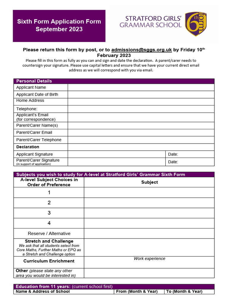 Startford Grammar 6th Form Application | PDF | Educational Stages | Schools