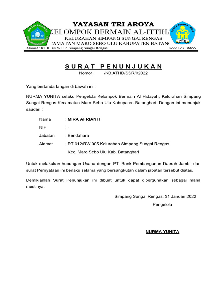 Surat Penunjukan Bendahara Sekolah | PDF