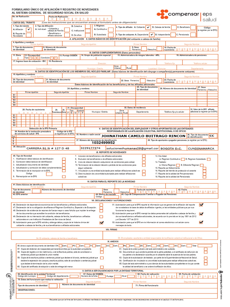 Formulario Digital Compensar Eps 1 | PDF | Documento de identidad