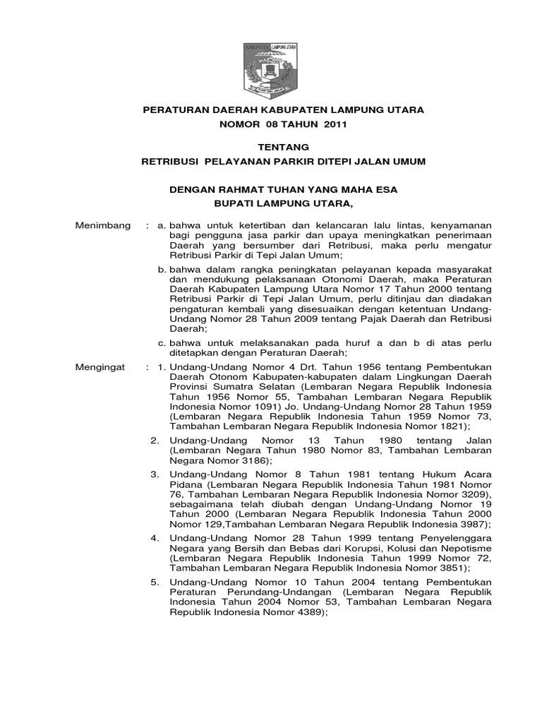Perda Lampura 08.2011 Retribusi Parkir Di Tepi Jalan Umum | PDF