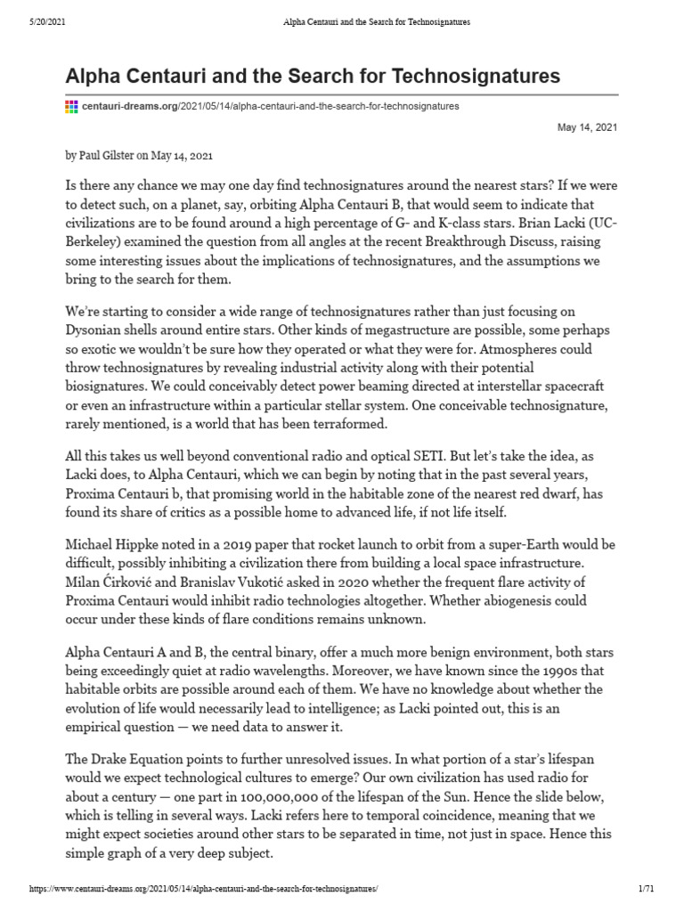 Alpha Centauri and The Search For Technosignatures | PDF | Life | Stars