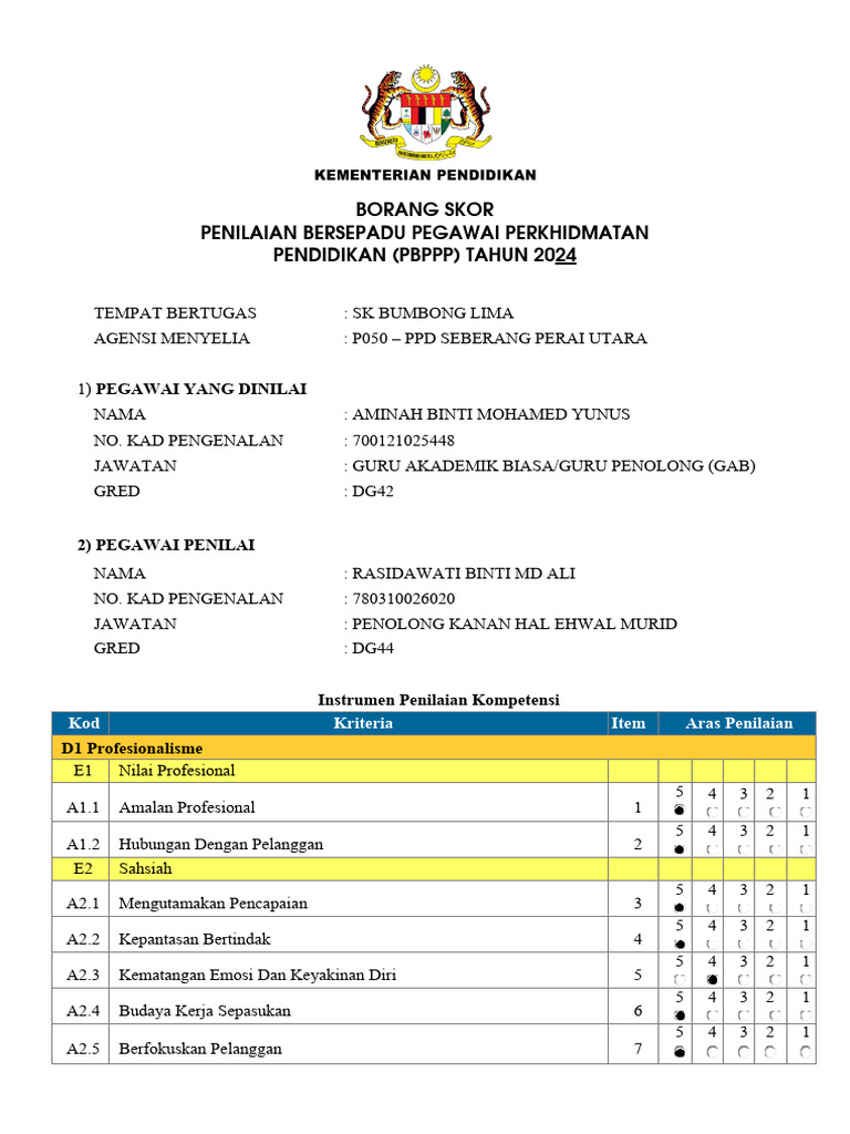 Borang Skor PBPPP - Penilaian Kendiri 2024 | PDF