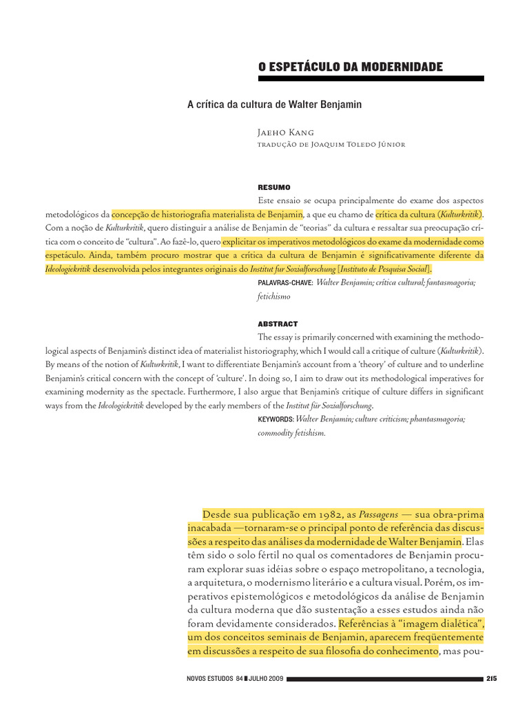 O Especatulo Da MOdernidade - A Ritica Da Cultura de WB, Jaeho Kang | PDF | Crítica | Jürgen ...