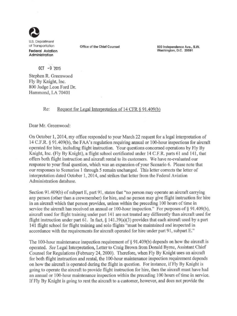 FAA Legal Interpretation on Aircraft Inspections | PDF | Flight ...