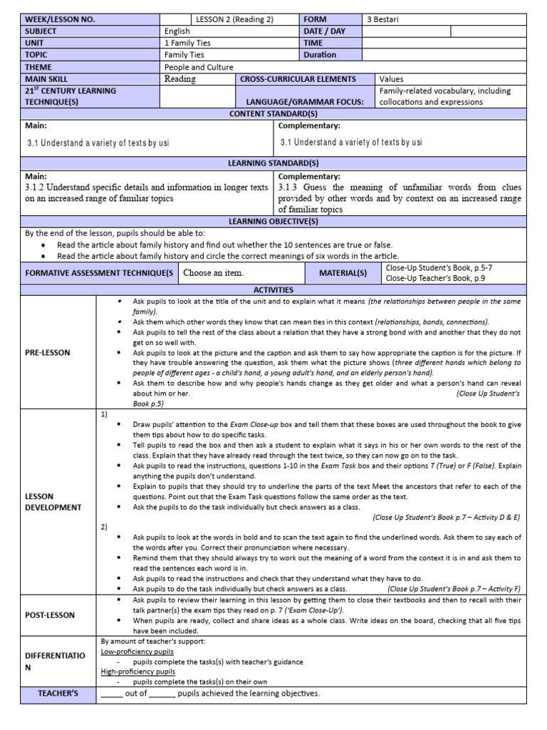 Lesson 2 English Form 3 Close Up | PDF | Cognitive Psychology | Human ...