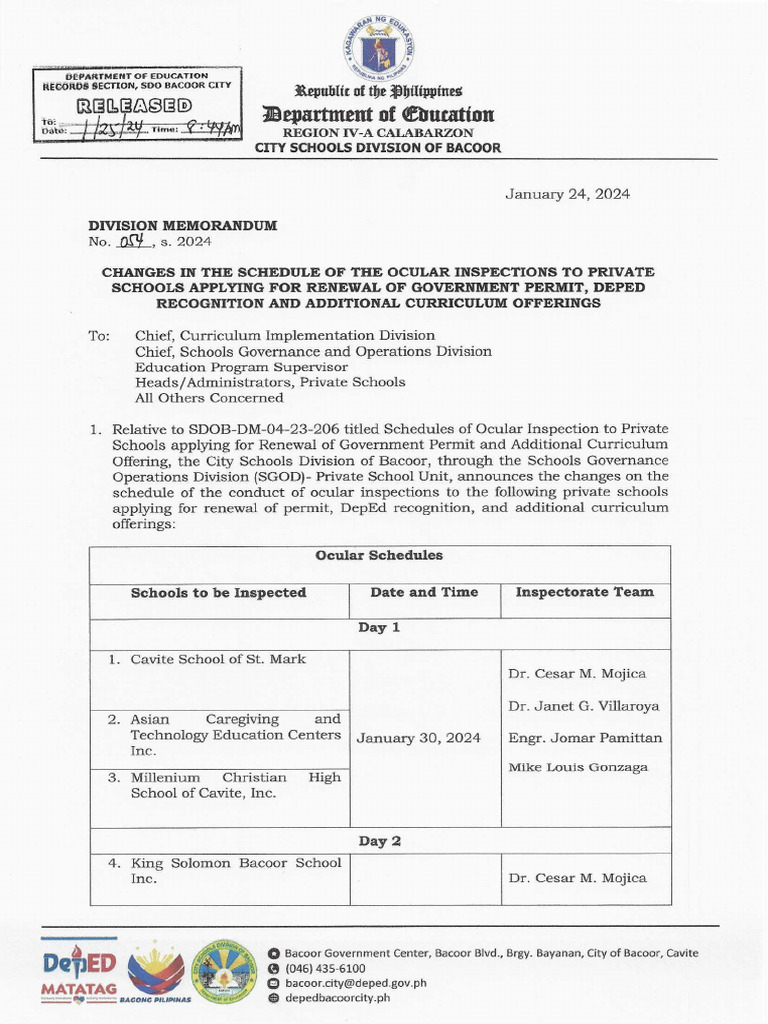 DM No. 054 S. 2024 Changes in The Schedule of The Ocular Inspections To ...