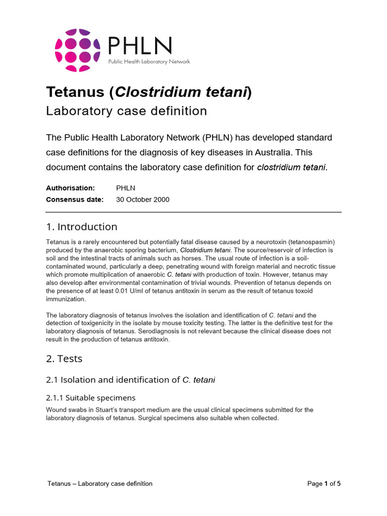 Tetanus Laboratory Case Definition | PDF | Biology | Microbiology