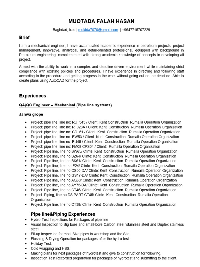 Muqtada Falah Hasan CV | PDF | Pipe (Fluid Conveyance) | Welding