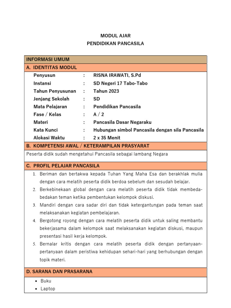 Modul Ajar PKN Hubungan Simbol Pancasila Denga Sila Pancasila Kelas 2 | PDF