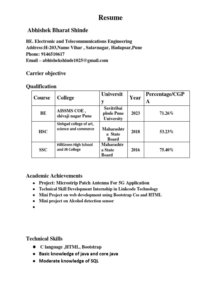 Abhishek Shinde's Engineering Resume | PDF